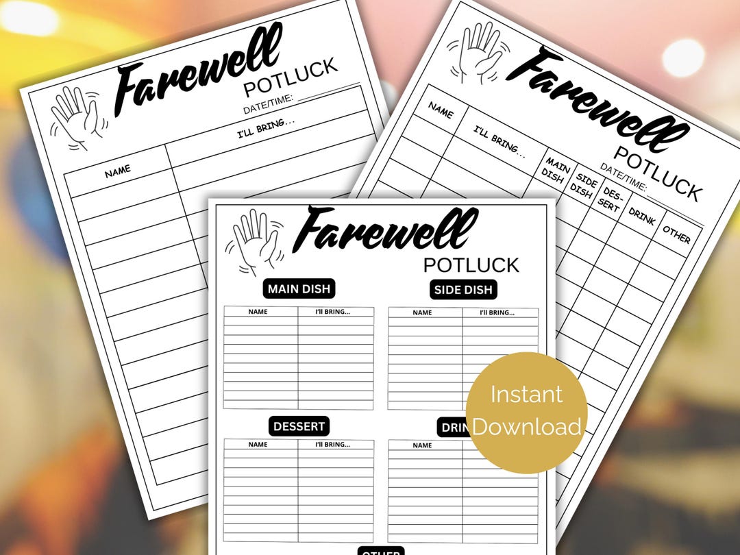 Farewell Potluck Sign up Sheet, Printable Going Away Party Potluck Sign ...