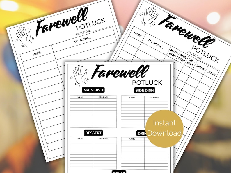 Farewell Potluck Sign up Sheet, Printable Going Away Party Potluck Sign ...