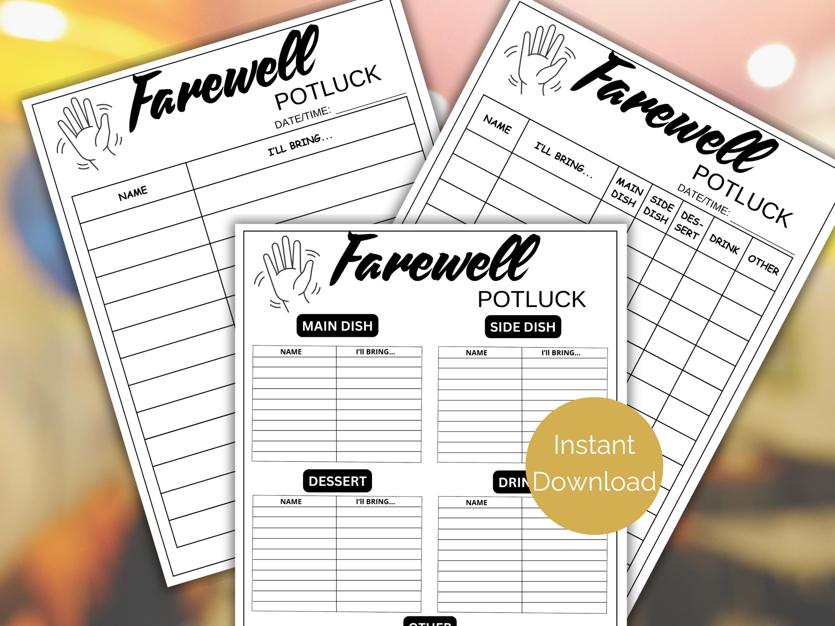 Farewell Potluck Sign up Sheet, Printable Going Away Party Potluck Sign ...