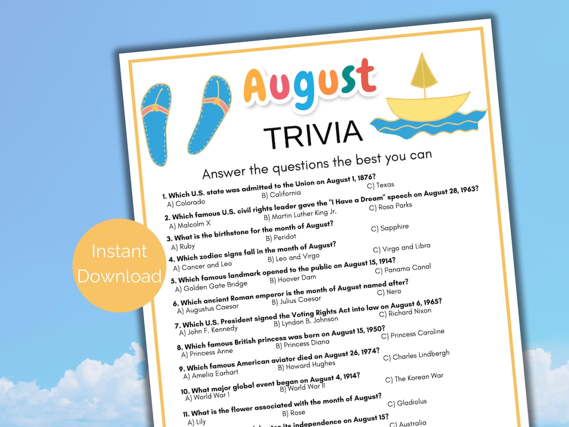 August Trivia Game, Summer Party Game, August Quiz, Summertime Activity ...