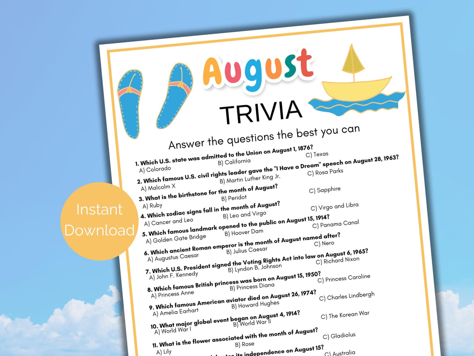 August Trivia Game, Summer Party Game, August Quiz, Summertime Activity ...