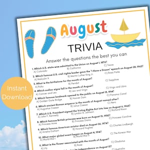 August Trivia Game, Summer Party Game, August Quiz, Summertime Activity ...