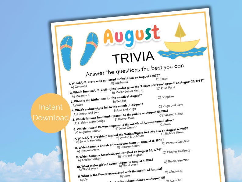 August Trivia Game, Summer Party Game, August Quiz, Summertime Activity ...