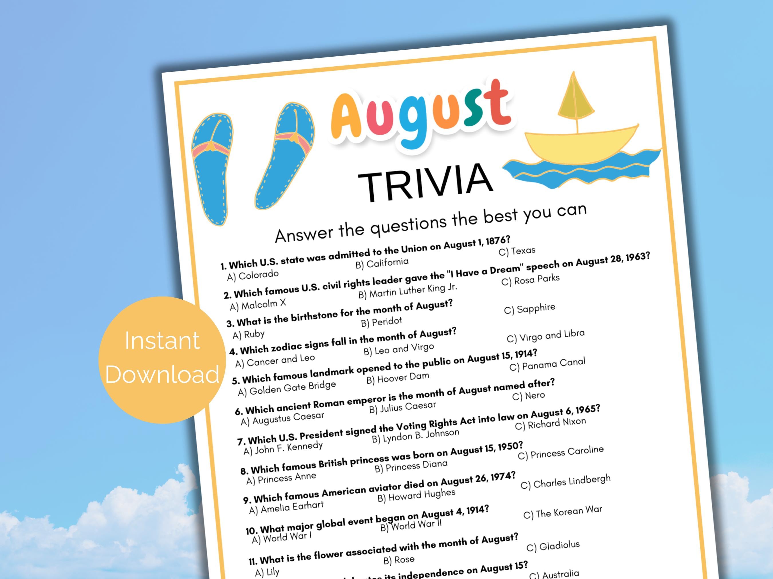August Trivia Game, Summer Party Game, August Quiz, Summertime Activity ...