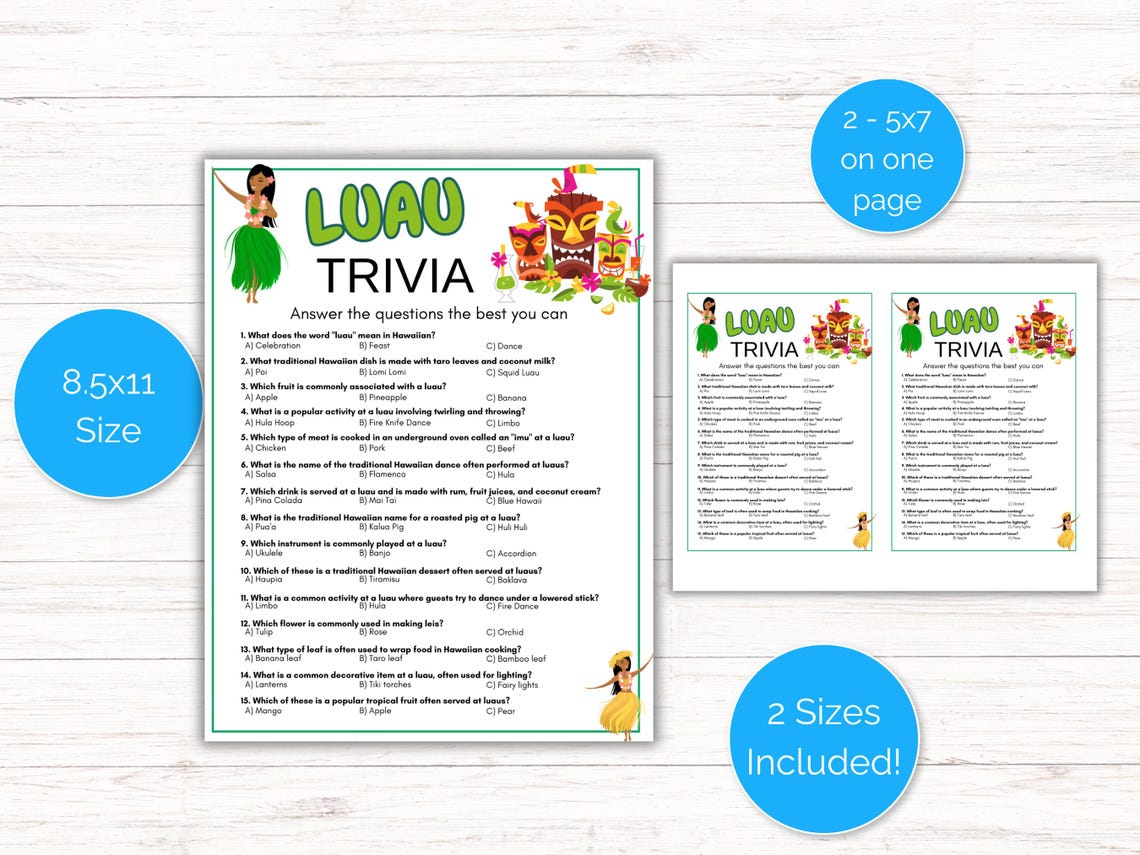 Luau Trivia Game, Luau Quiz, Hawaiian Party Game, Tropical Birthday ...