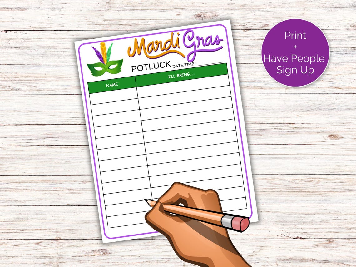 Mardi Gras Potluck Sign up Sheet, Printable Mardi Gras Party Potluck ...