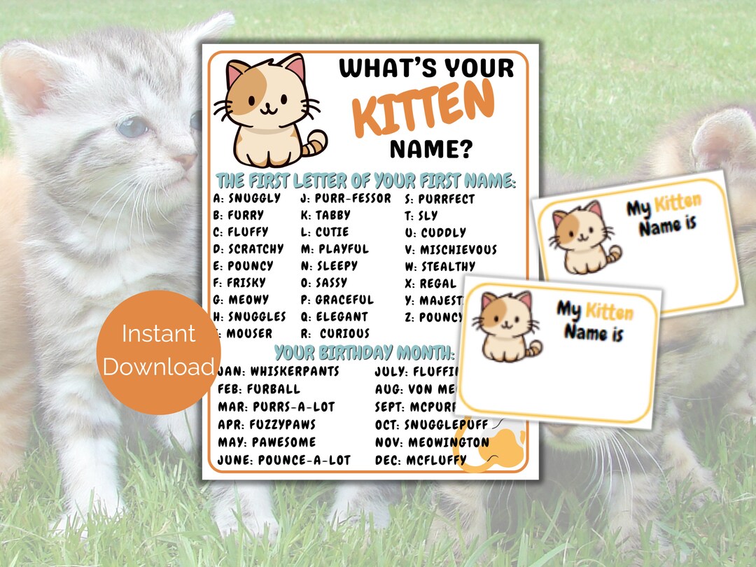 What's Your Kitten Name Game + Name Tags, Cat Themed Party Printable ...