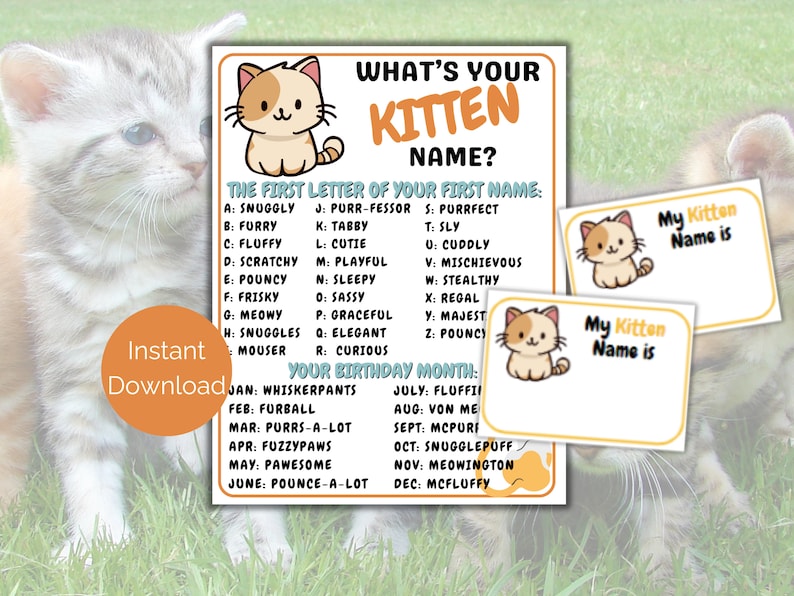 What's Your Kitten Name Game + Name Tags, Cat Themed Party Printable ...