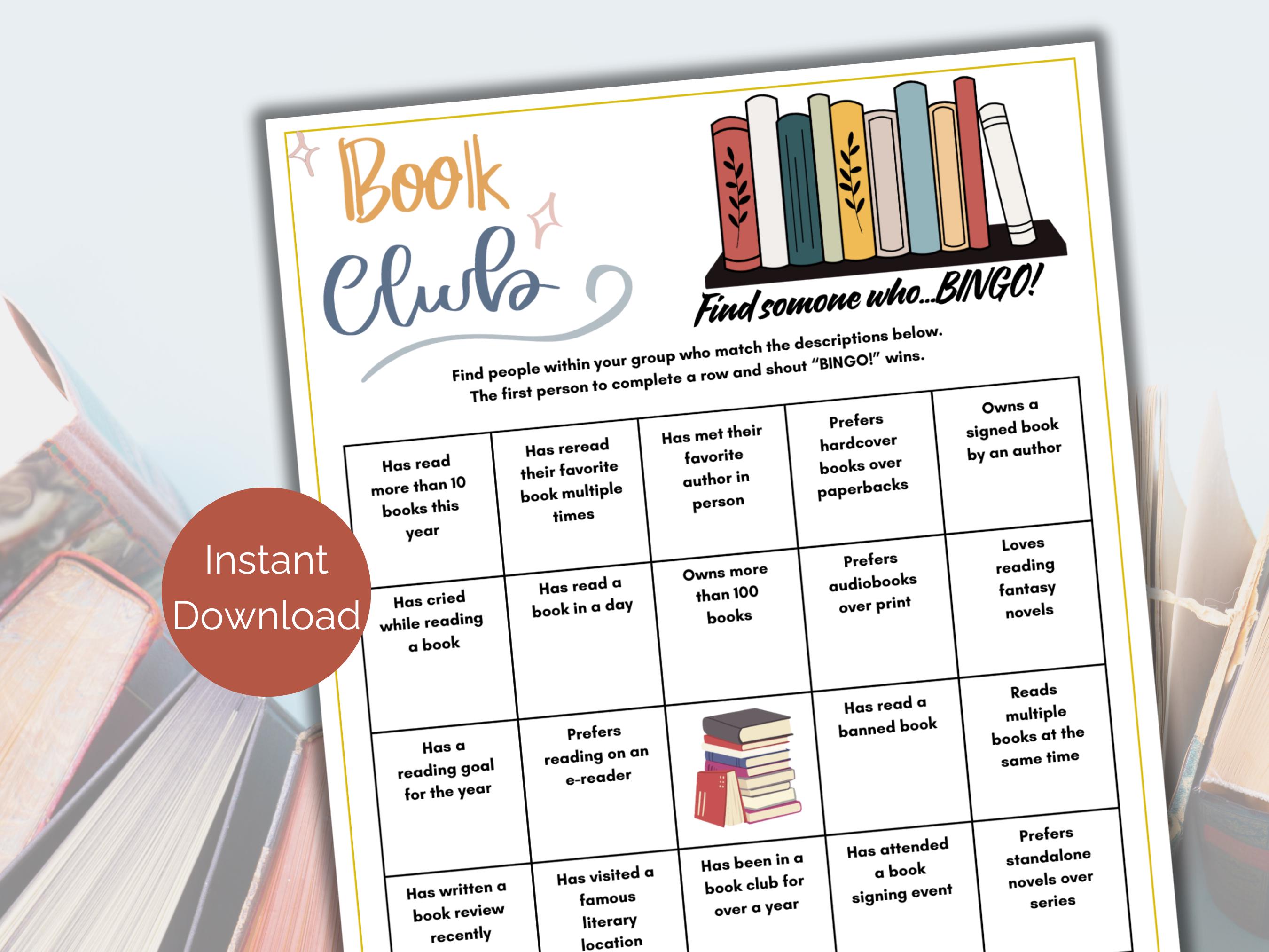 Book Club Find Someone Who Game, Book Club Mix and Mingle Bingo Game ...