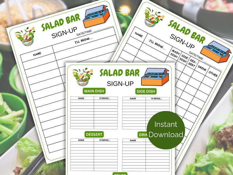 Salad Bar Sign up Sheet, Printable Salad Potluck Sign up Form, Salad ...