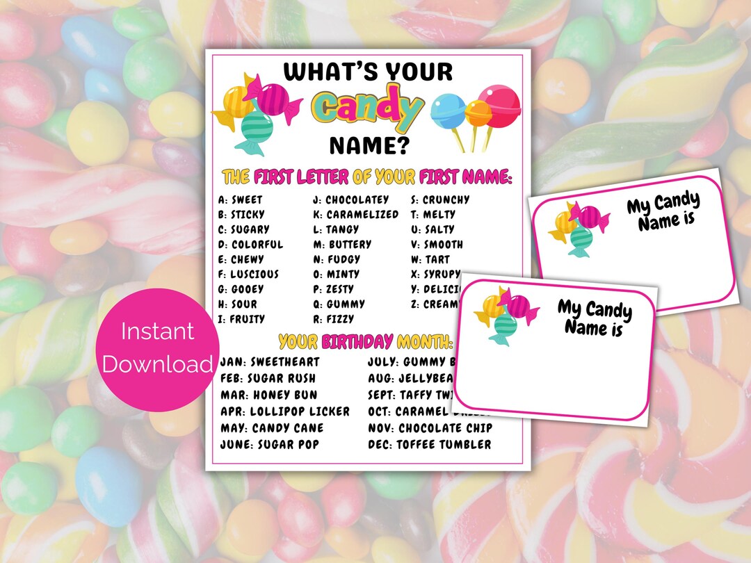 What's Your Candy Name Game + Name Tags, Printable Candy Party Game ...