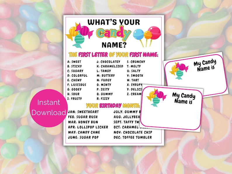 What's Your Candy Name Game + Name Tags, Printable Candy Party Game, Candy Bar Activity, Candy ...