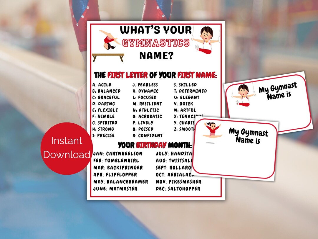 What's Your Gymnast Name Game + Name Tags, Gymnastics Party Game ...