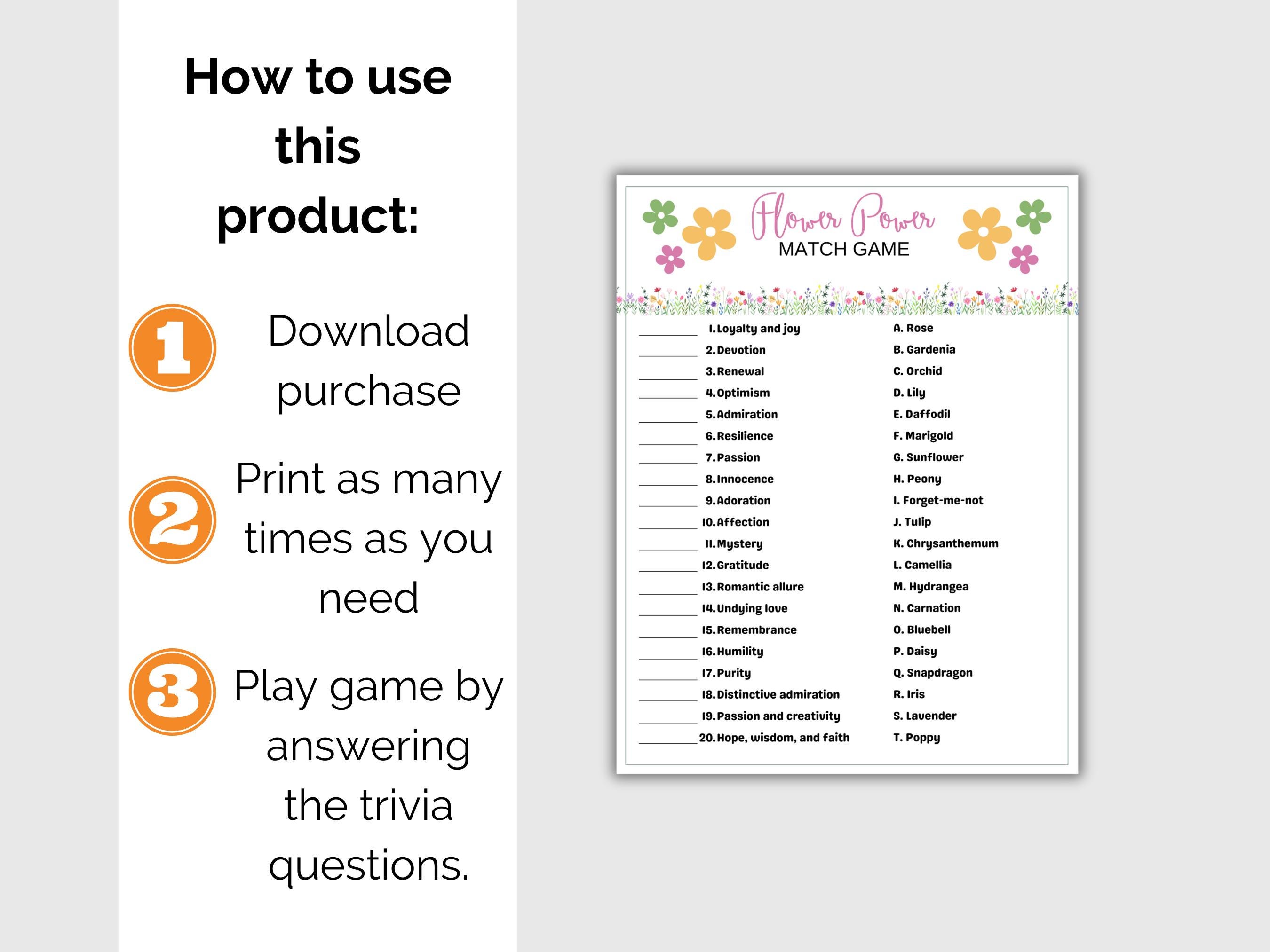 Flower Match up Game, Printable Flower Trivia Game, Flower Quiz, Spring ...