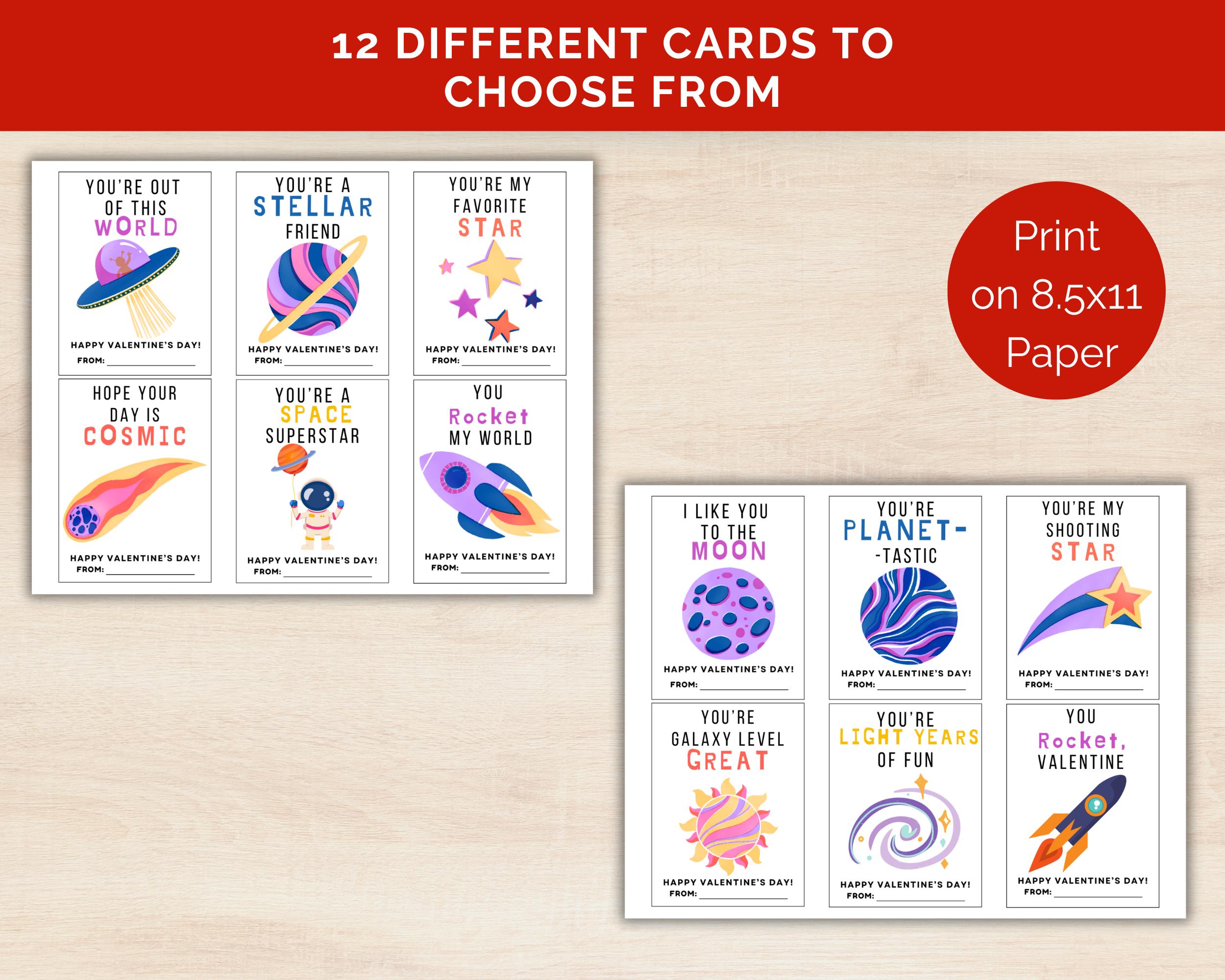 Space Valentine Cards, 12 Printable Planet Valentines for Kids, Funny ...