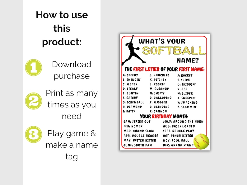 What's Your Softball Name Game + Name Tags, Softball Birthday Party ...