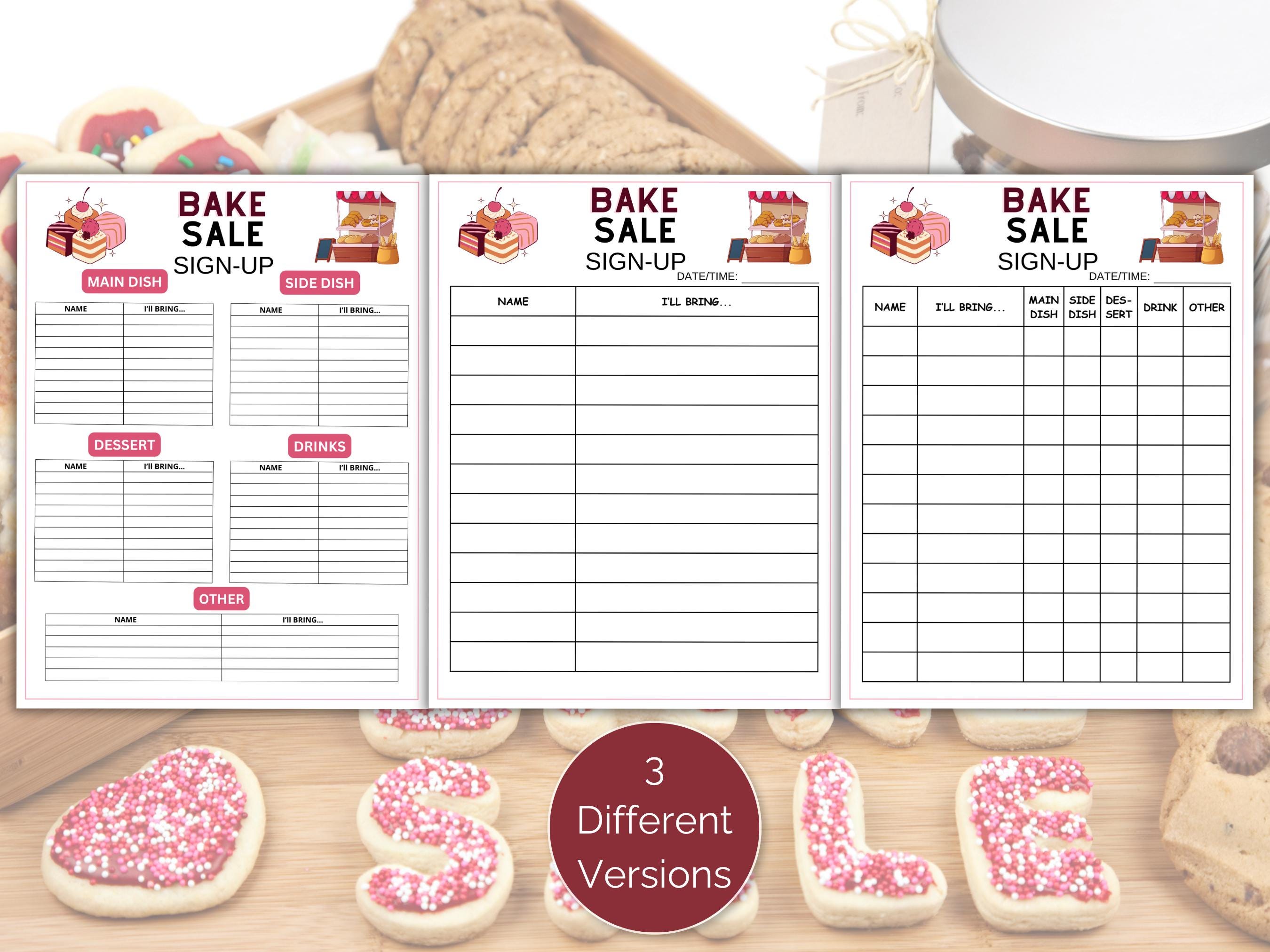 Bake Sale Sign up Sheet, Printable Bake Sale Fundraiser Sign up Form ...