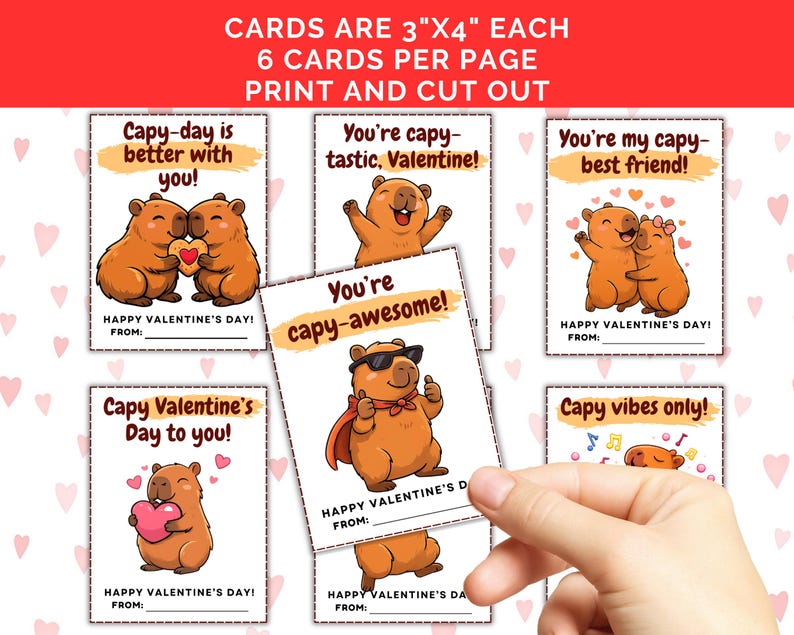 Capybara Valentine Cards, 6 Printable Capybara Valentines for Kids ...