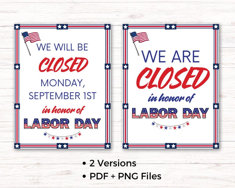 Closed for Labor Day Printable Sign, Labor Day Closed Sign, Office ...