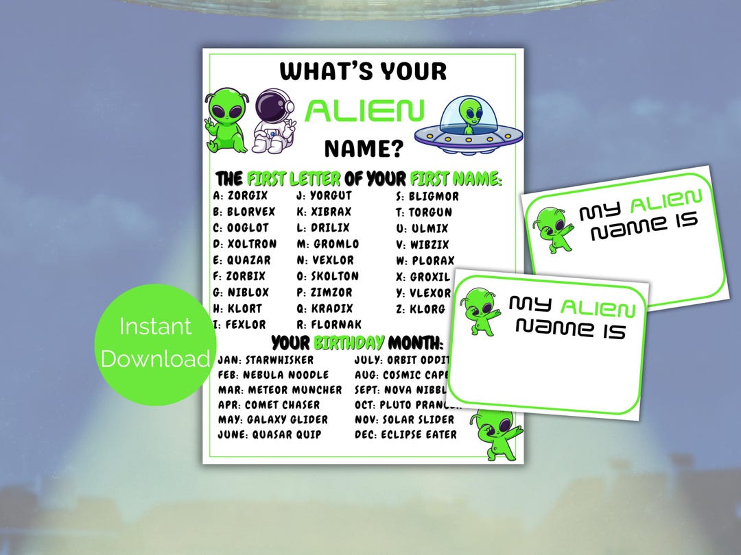 What's Your Alien Name Game + Name Tags, Printable Alien Birthday Party ...