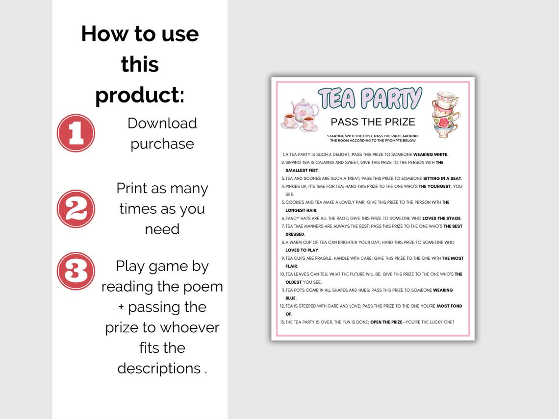 Tea Party Pass the Prize, Printable Tea Party Pass the Parcel Game, Tea ...