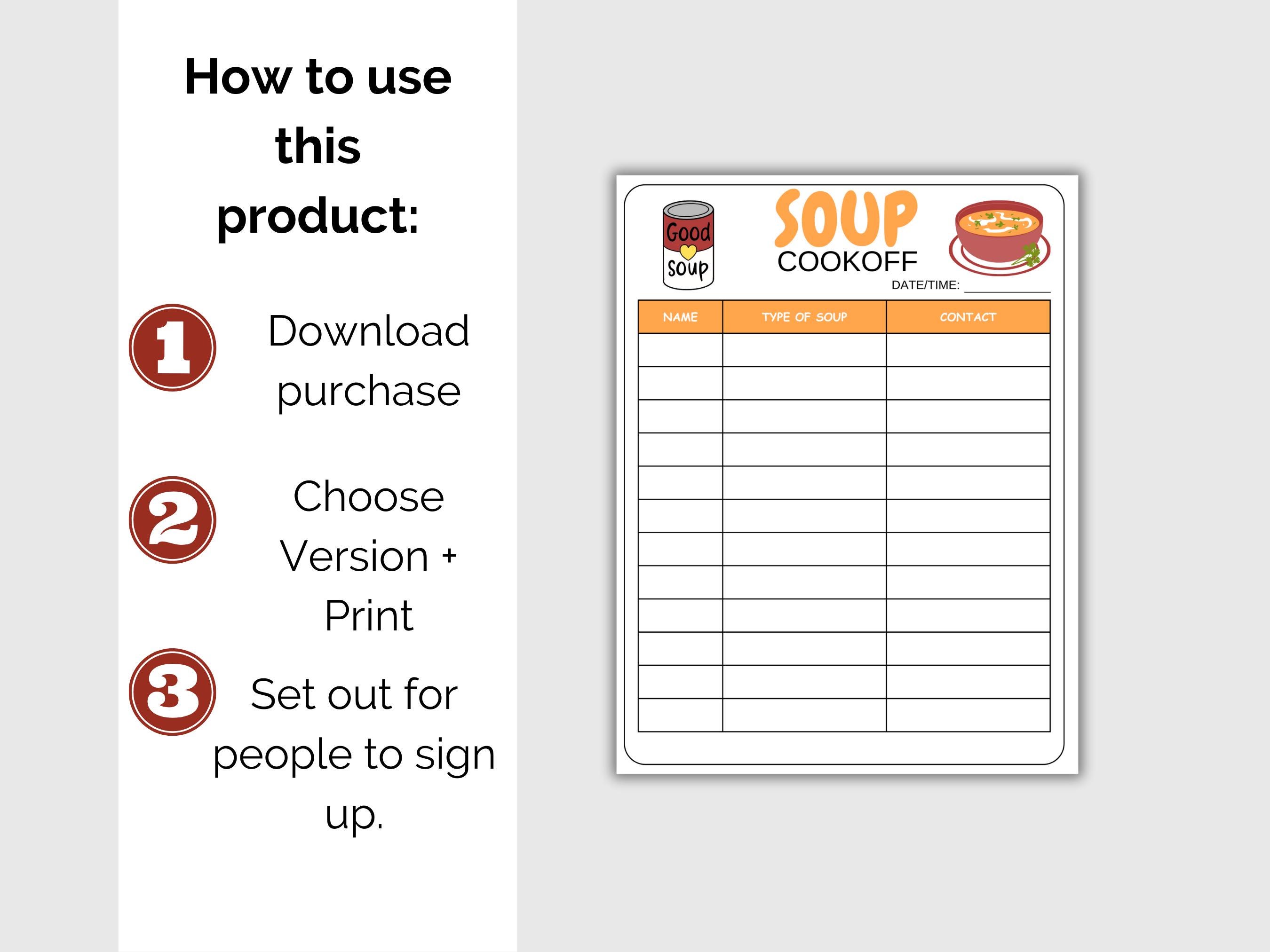 Soup Cook-off Sign up Sheet, Printable Soup Potluck Sign up Form, Soup ...