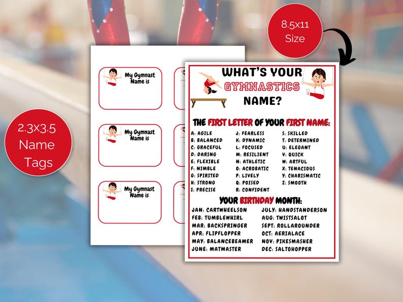 What's Your Gymnast Name Game + Name Tags, Gymnastics Party Game ...