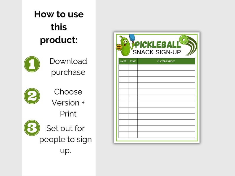Pickleball Snack Sign up Sheet, Printable Pickleball Snack Schedule ...