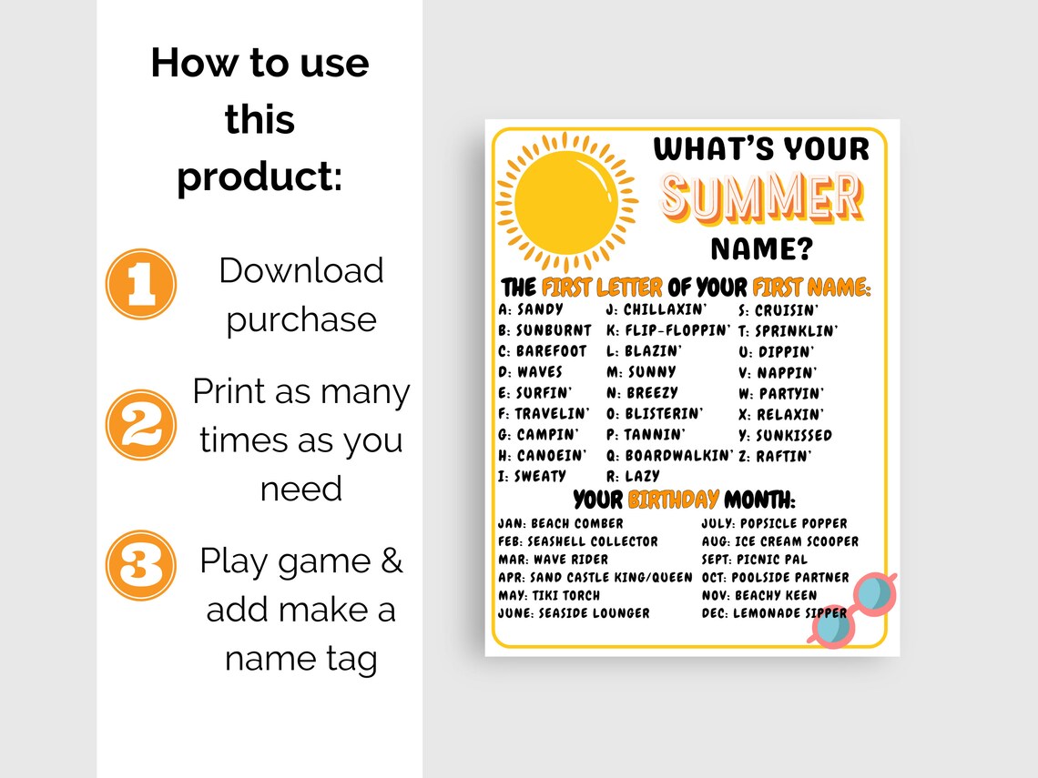 What's Your Summer Name Game + Name Tags, Summer Party Game, Last Day ...