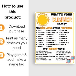 What's Your Summer Name Game + Name Tags, Summer Party Game, Last Day ...