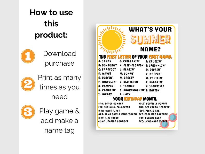 What's Your Summer Name Game + Name Tags, Summer Party Game, Last Day ...