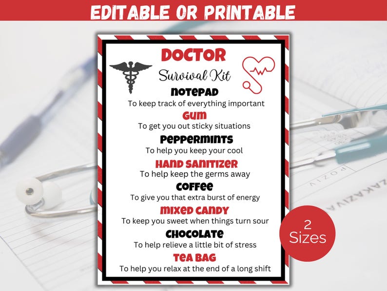Editable Doctor Survival Kit Gift Tags, National Doctors Day Gift ...