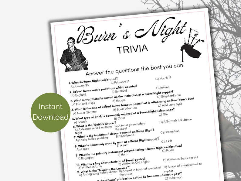 Burns Night Trivia Game, Printable Burns Night Quiz, Burns Night Party ...