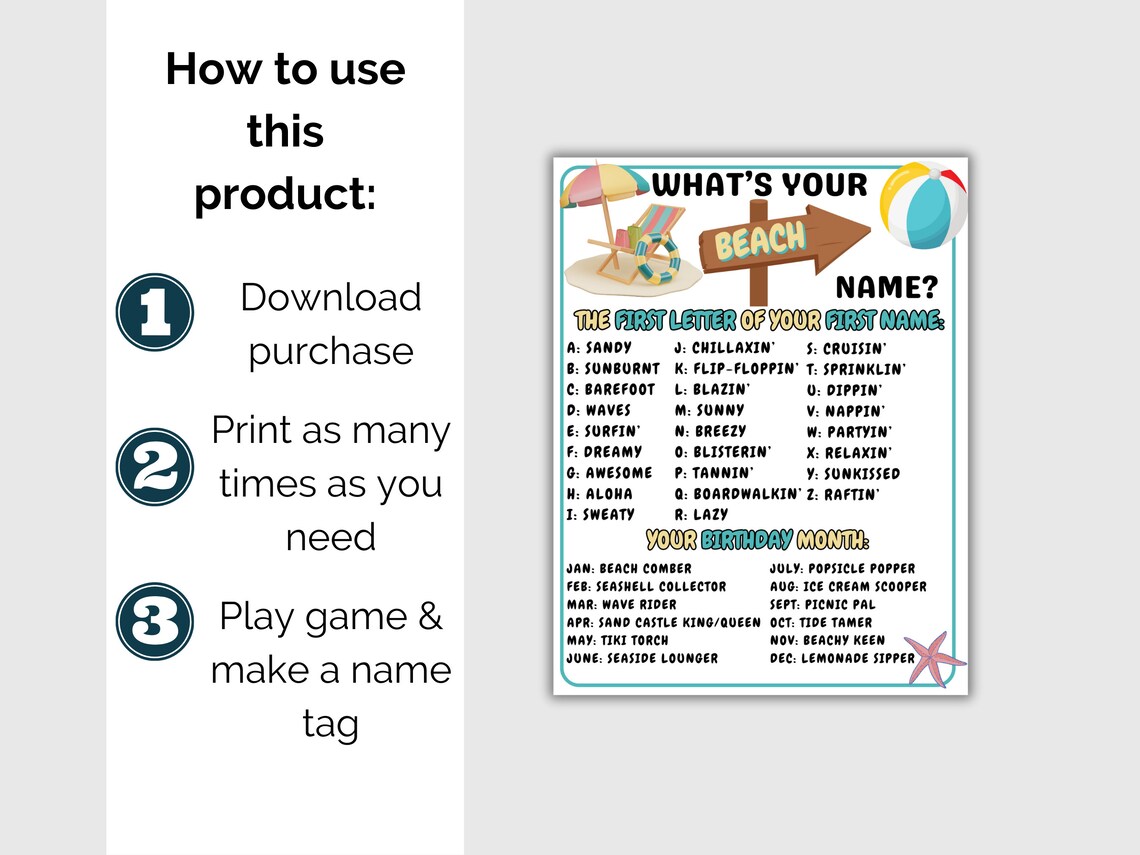 What's Your Beach Name Game + Name Tags, Beach Printable, Beach ...