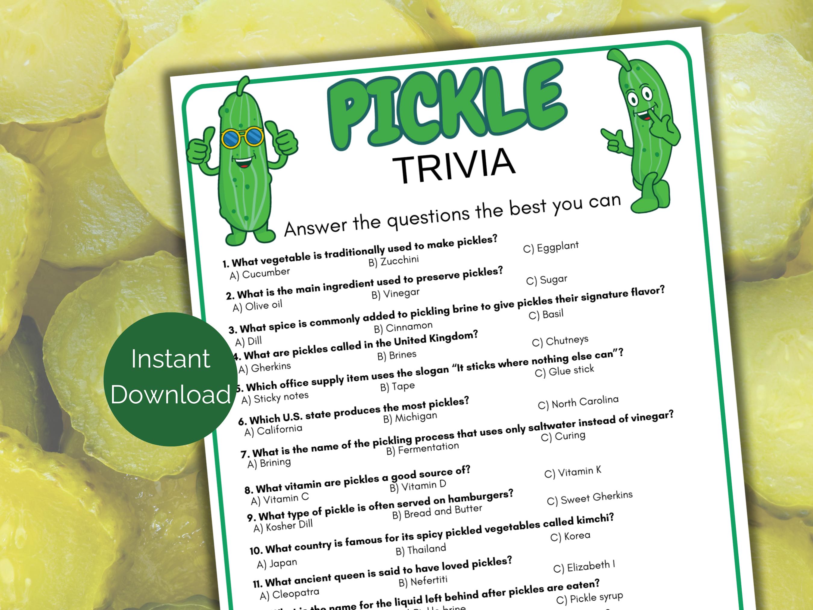 Pickle Trivia Game, Pickle Quiz, Printable Pickle Themed Party Game ...