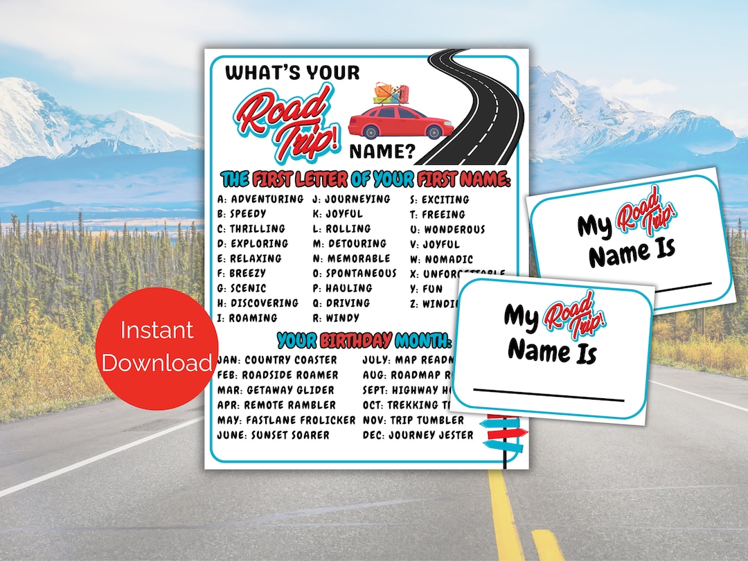 What's Your Road Trip Name Game + Name Tags, Fun Travel Activity, Road ...