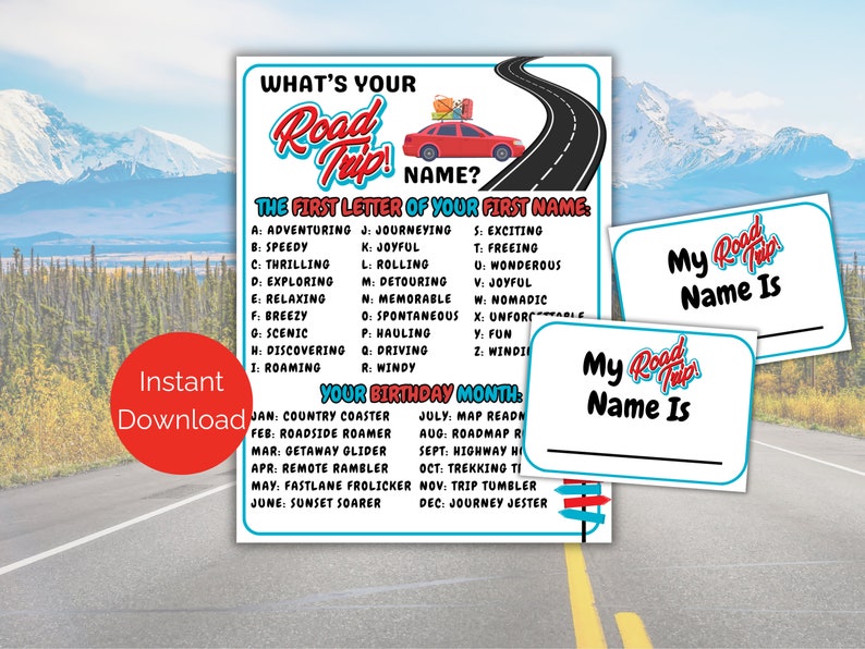 What's Your Road Trip Name Game + Name Tags, Fun Travel Activity, Road ...