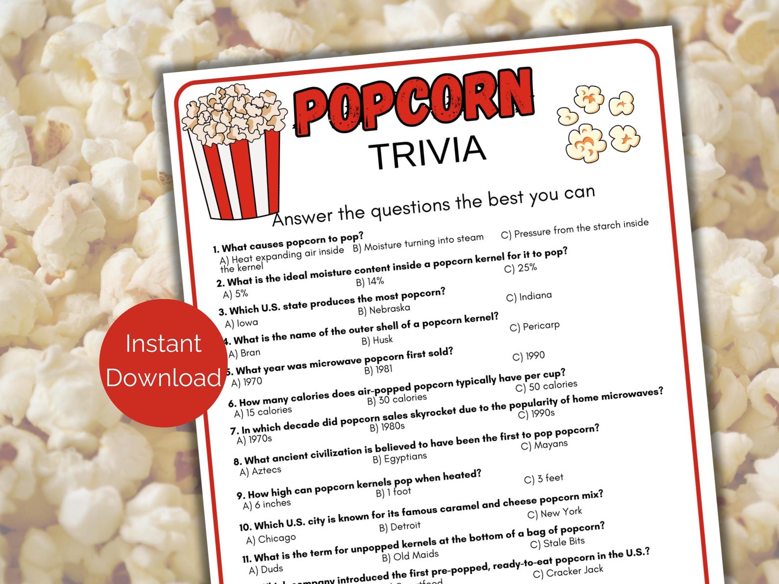 Popcorn Trivia Game, Popcorn Quiz, Printable Popcorn Game for Kids and ...