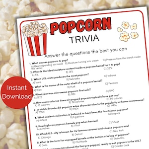 Popcorn Trivia Game, Popcorn Quiz, Printable Popcorn Game for Kids and ...