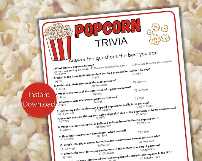 Popcorn Trivia Game, Popcorn Quiz, Printable Popcorn Game for Kids and ...