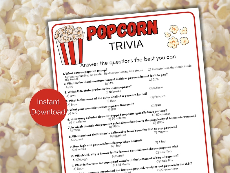 Popcorn Trivia Game, Popcorn Quiz, Printable Popcorn Game for Kids and ...