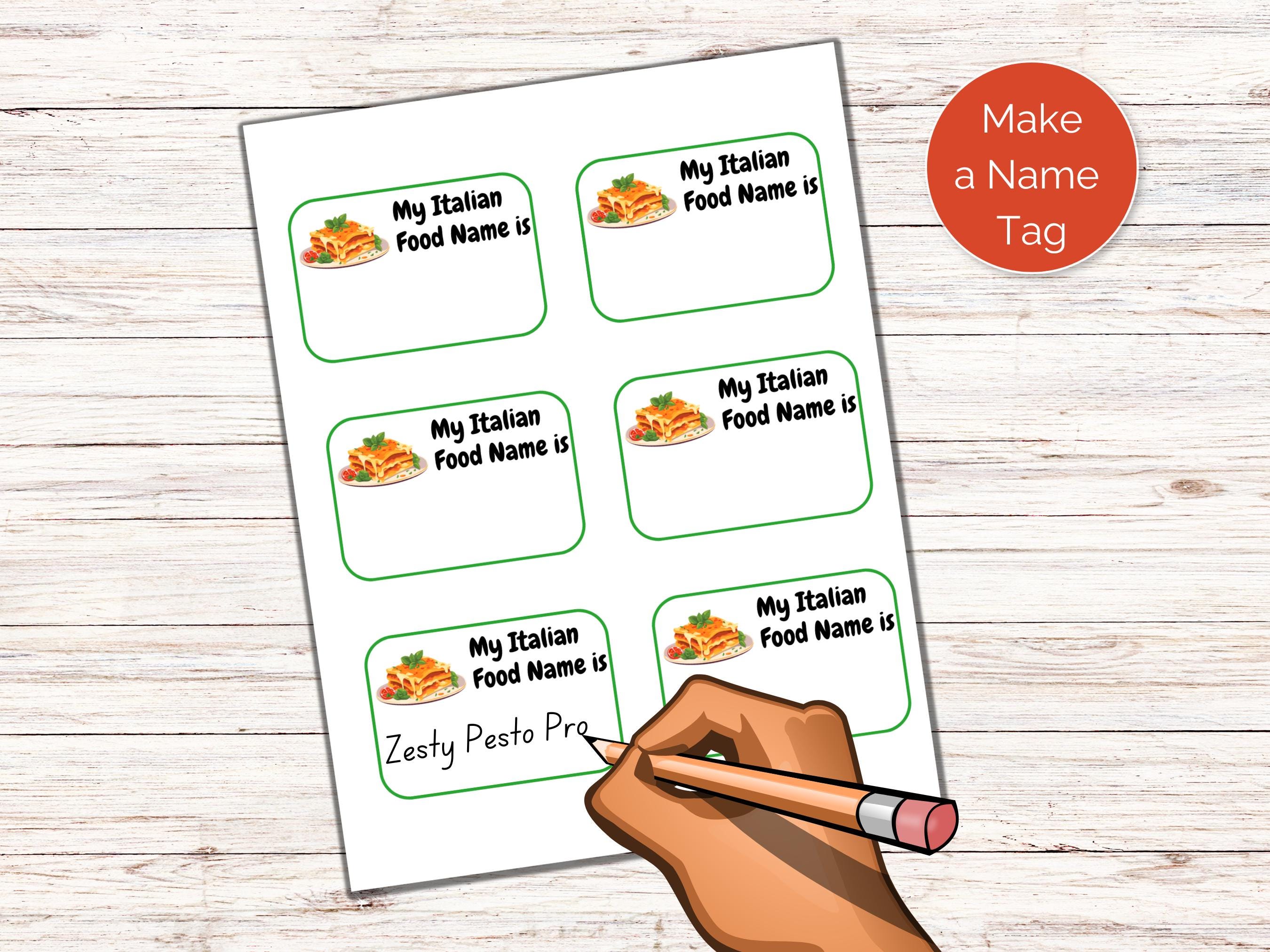 What's Your Italian Food Name Game + Name Tags, Pasta Dinner Party Game ...