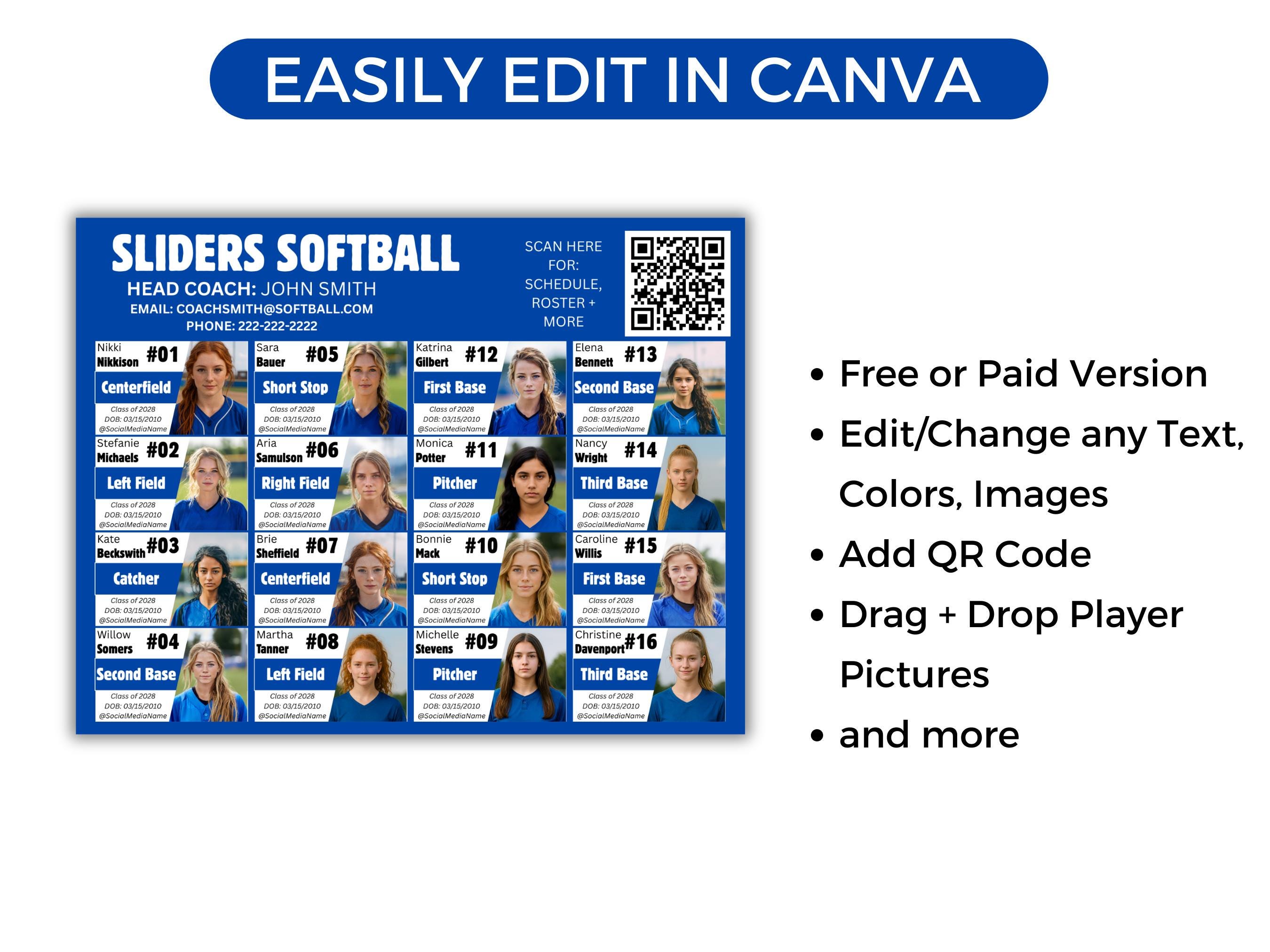 Editable 16 Player Team Roster Template, Customizable Travel Team ...