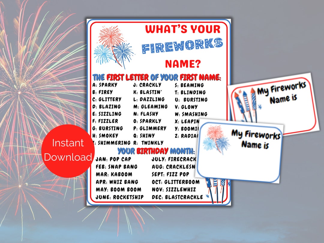 What's Your Fireworks Name Game + Name Tags, July 4th Printable ...
