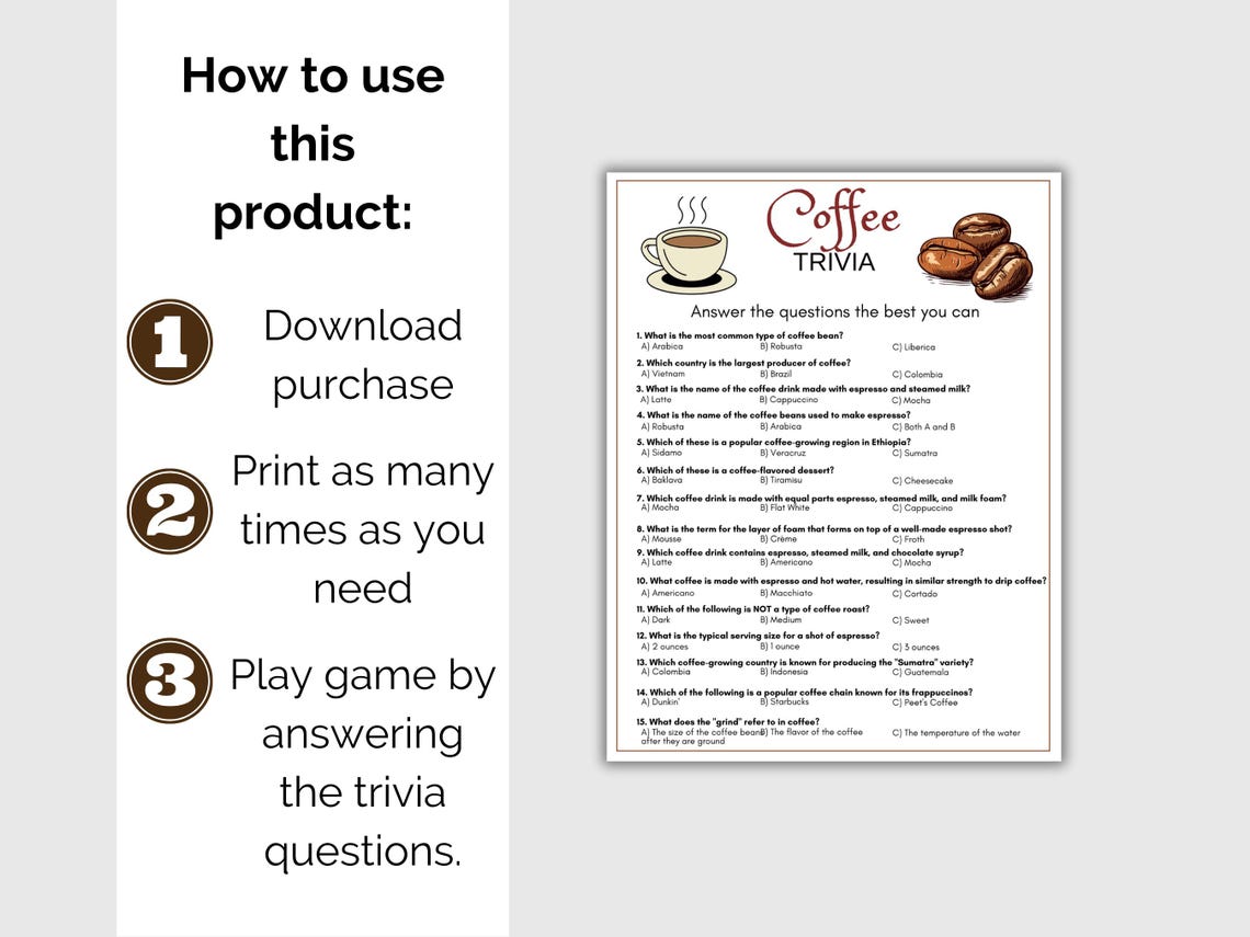Coffee Trivia Game, Coffee Quiz, Printable Coffee Themed Party Game for ...