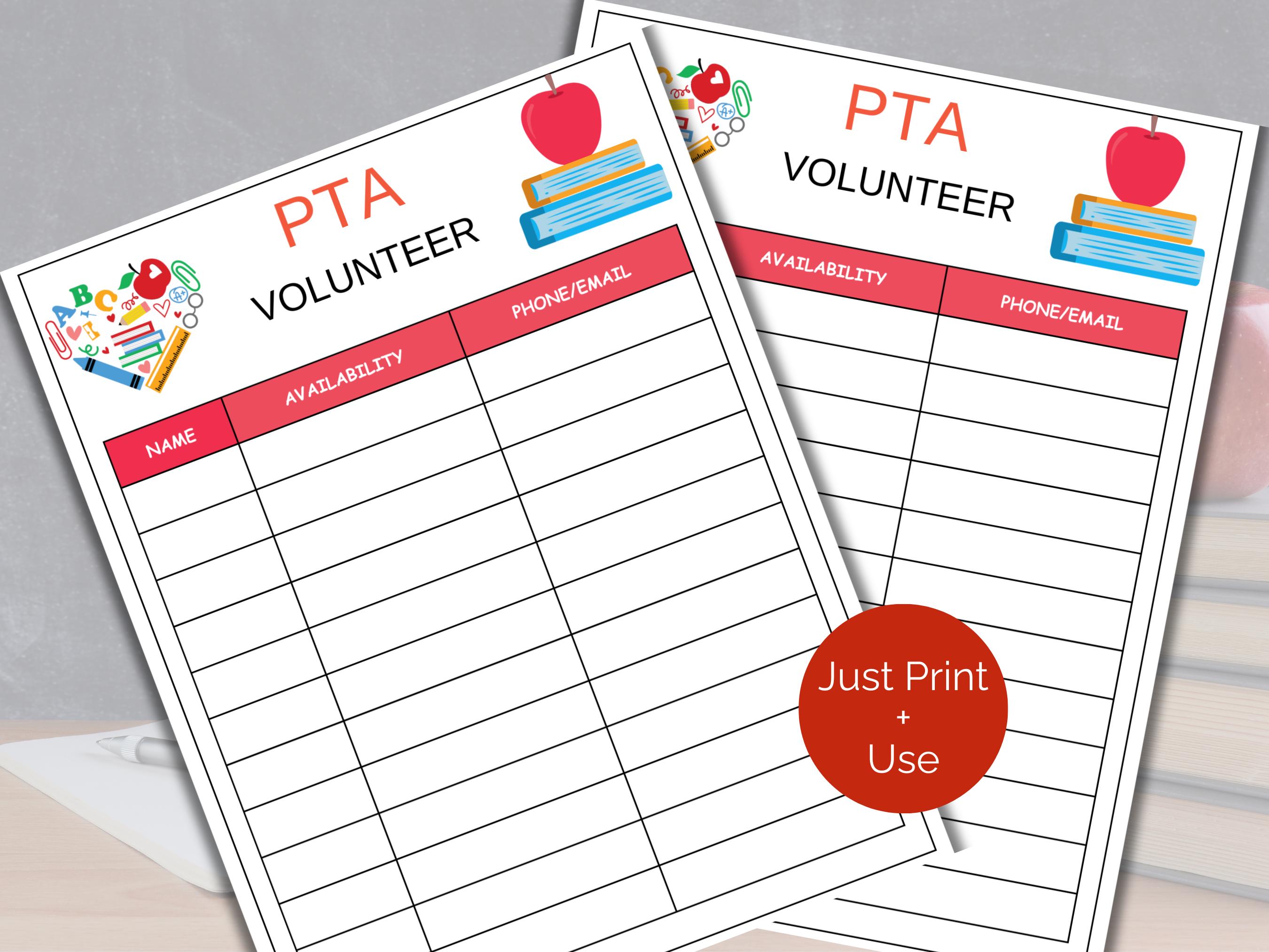 PTA Volunteer Sign up Sheet, Printable PTO Signup Sheet, PTA Sign up ...