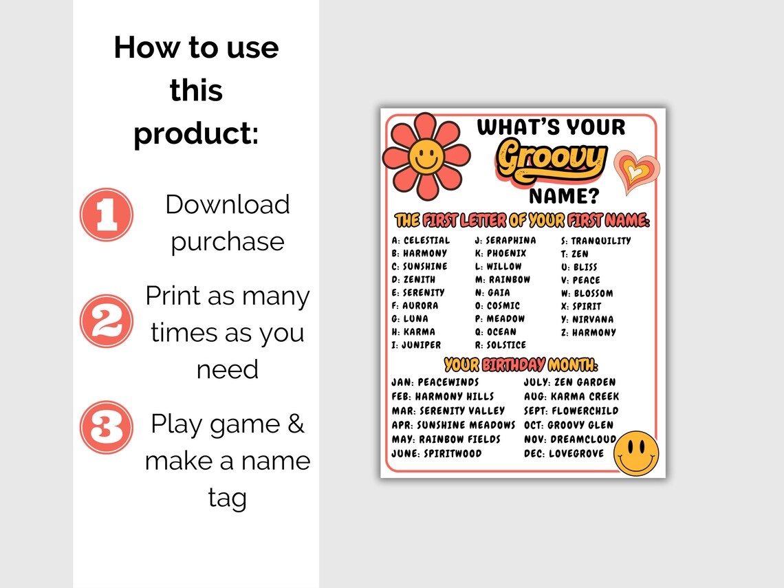 What's Your Groovy Name Game + Name Tags, Groovy Party Game, Retro ...