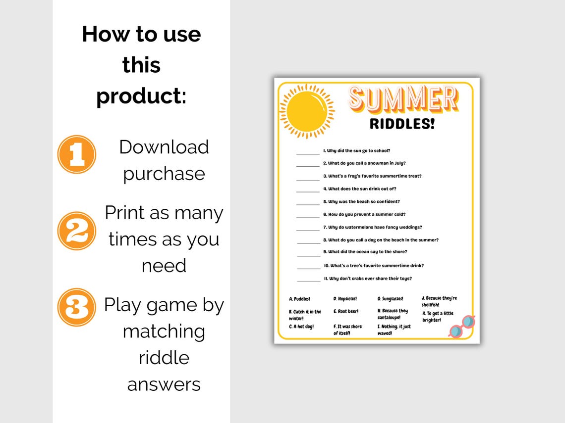 Summer Jokes, Summer Riddles, Summer Party Game, Summer Break Printable ...
