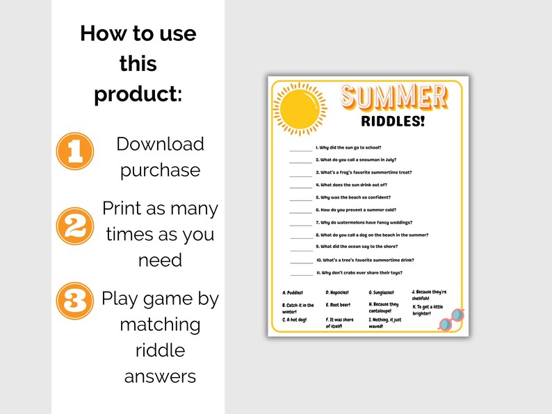 Summer Jokes, Summer Riddles, Summer Party Game, Summer Break Printable ...