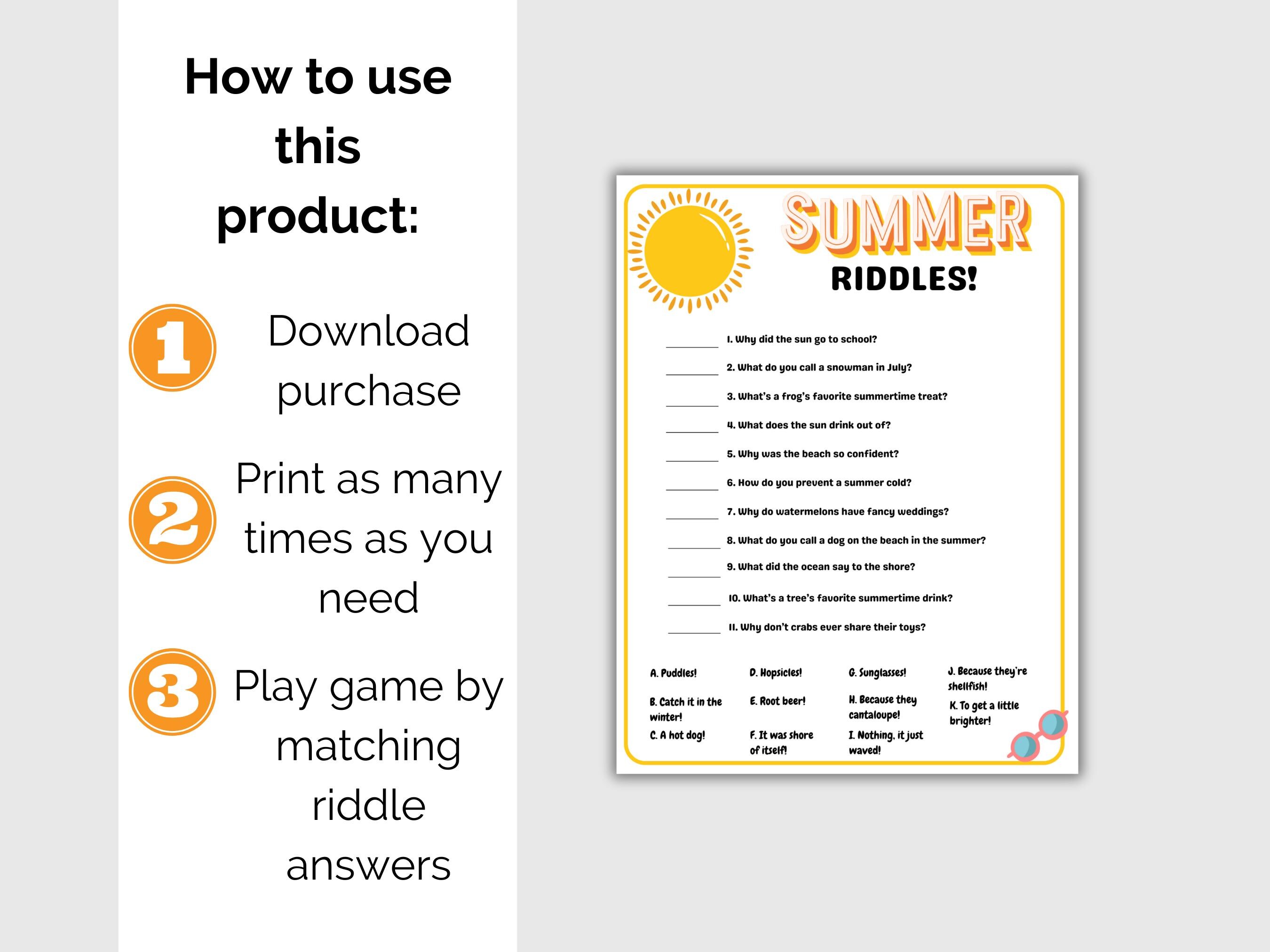 Summer Jokes, Summer Riddles, Summer Party Game, Summer Break Printable ...